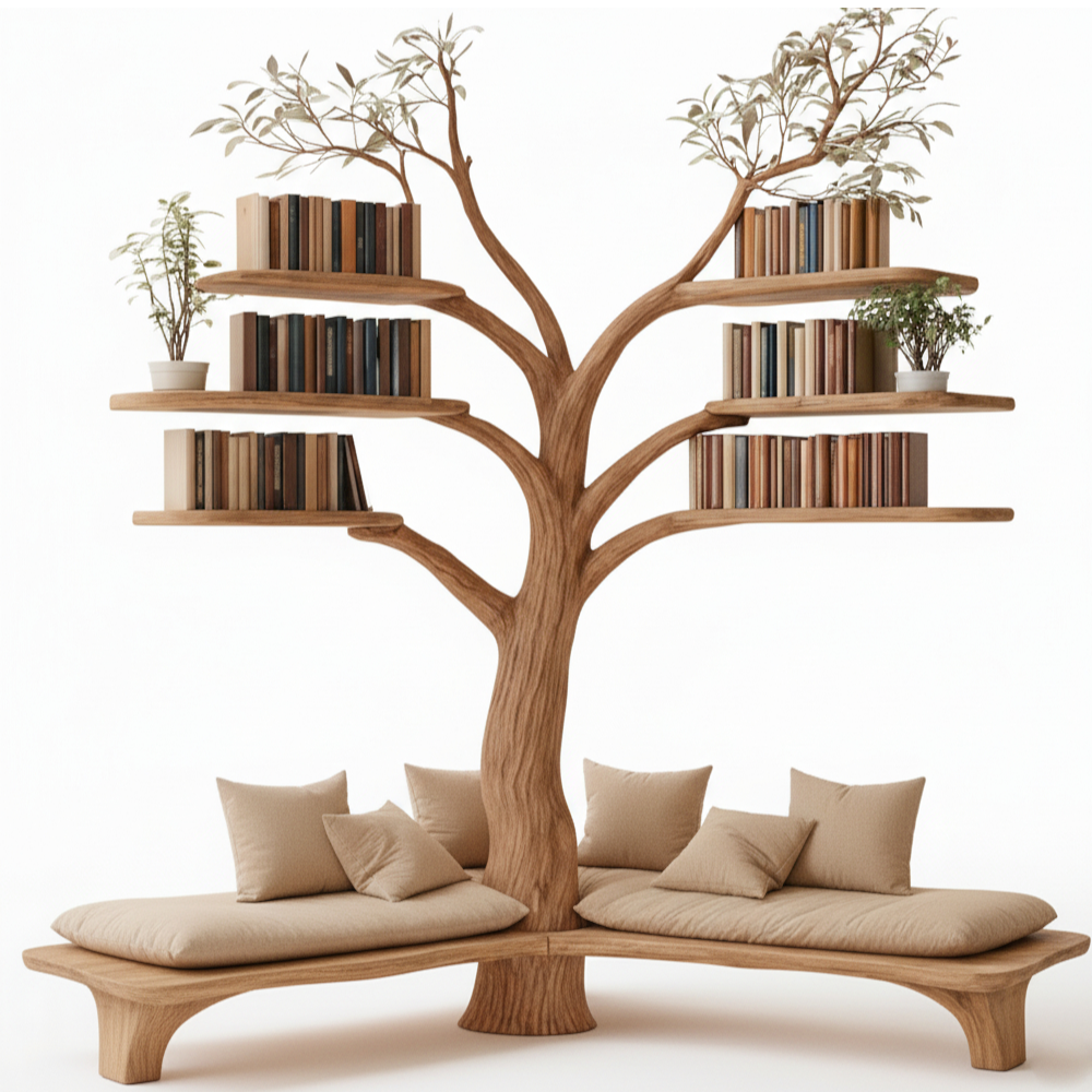 Rustic Tree Bookshelf With Corner Bench - Handmade Wooden Reading Nook ...